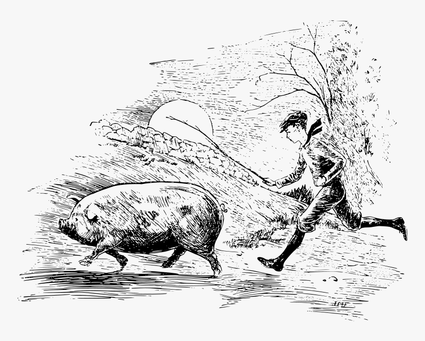 Download A Boy Running Behind A Pig With A Stick - Boy And Pig, HD Png ...