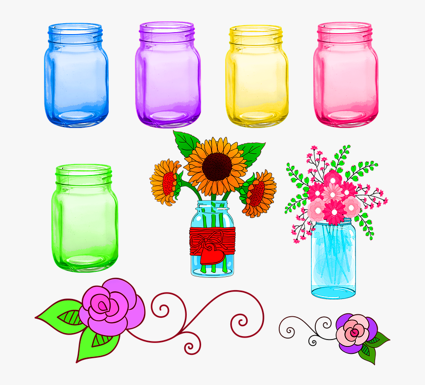 Mason Jars, Colorful, Flowers, Mason, Garden, Jar,, HD Png Download ...