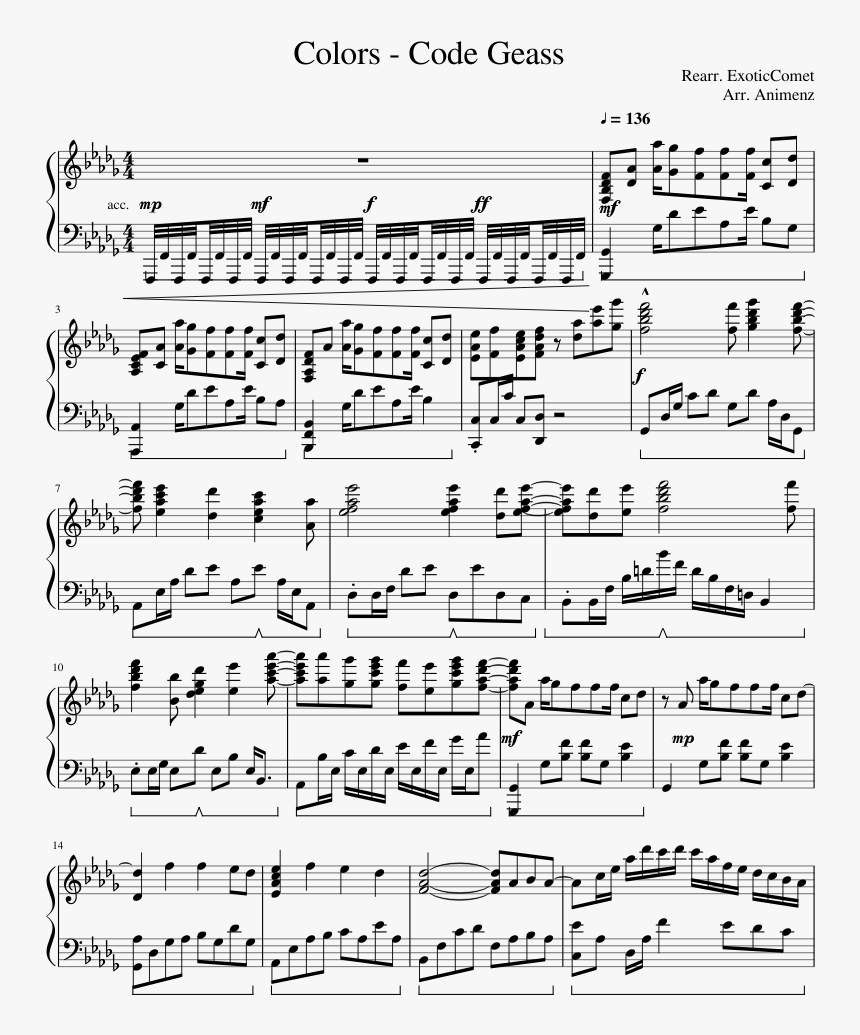 Colors Code Geass Piano Sheet Music, HD Png Download , Transparent Png ...