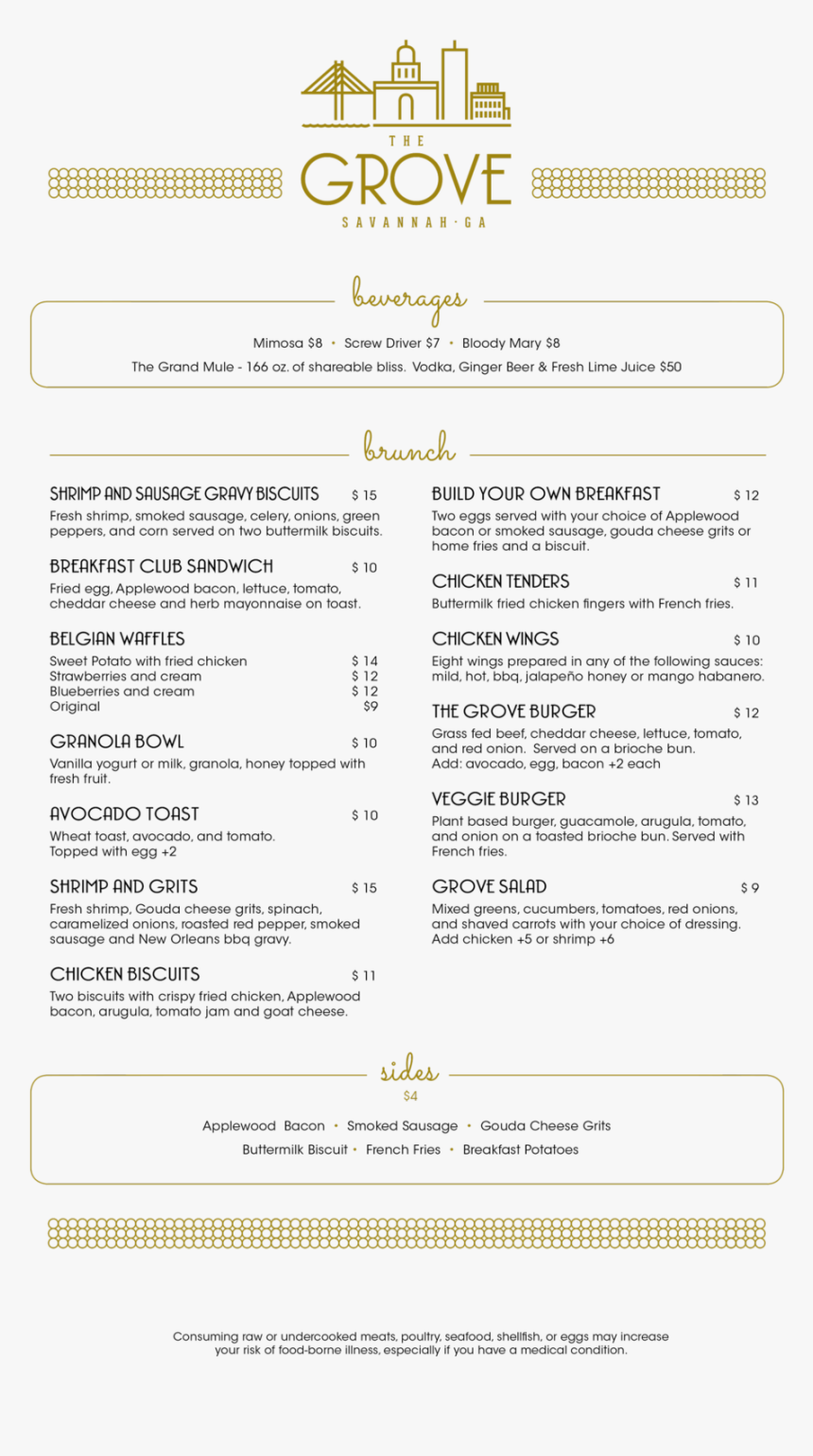 The Grove Savannah Brunch Menu - Menu The Grove Savannah, HD Png ...