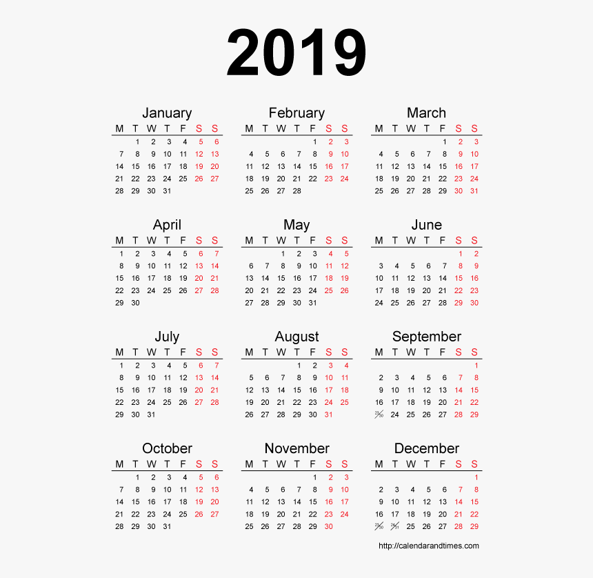 Calendar 2019 Printable One Pages - Week Number Calendar 2019, HD Png ...
