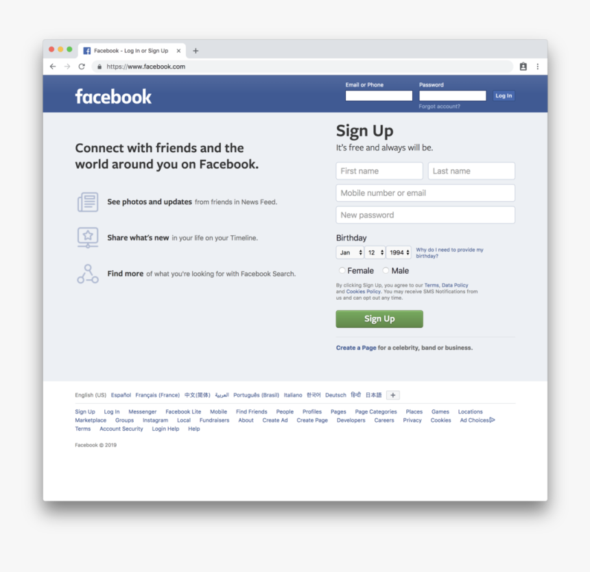Screen Shot 2019 01 12 At - Homepage Facebook Sign Up 2019, HD Png ...