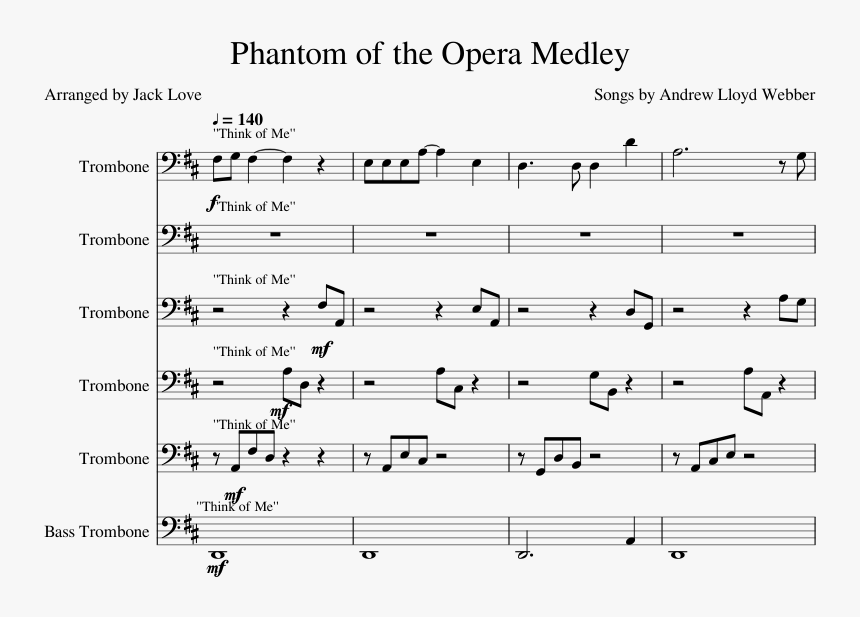 Phantom Of The Opera Trombone Sheet Music, HD Png Download ...