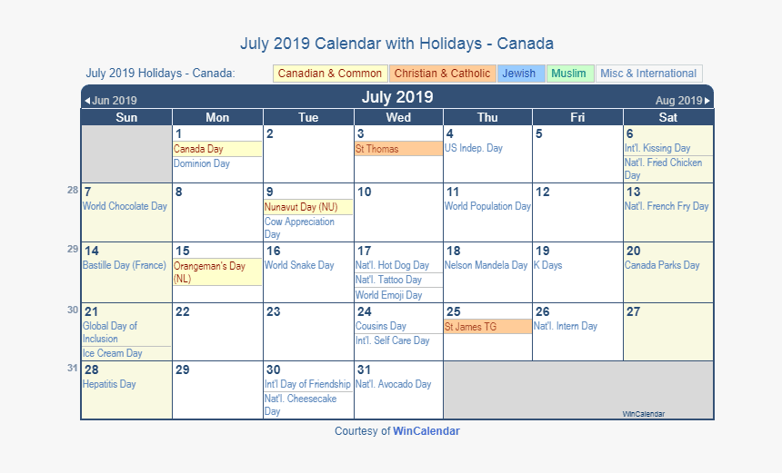 2019 July Calendar Canada Template - July 2019 Holiday Calendar, HD Png ...