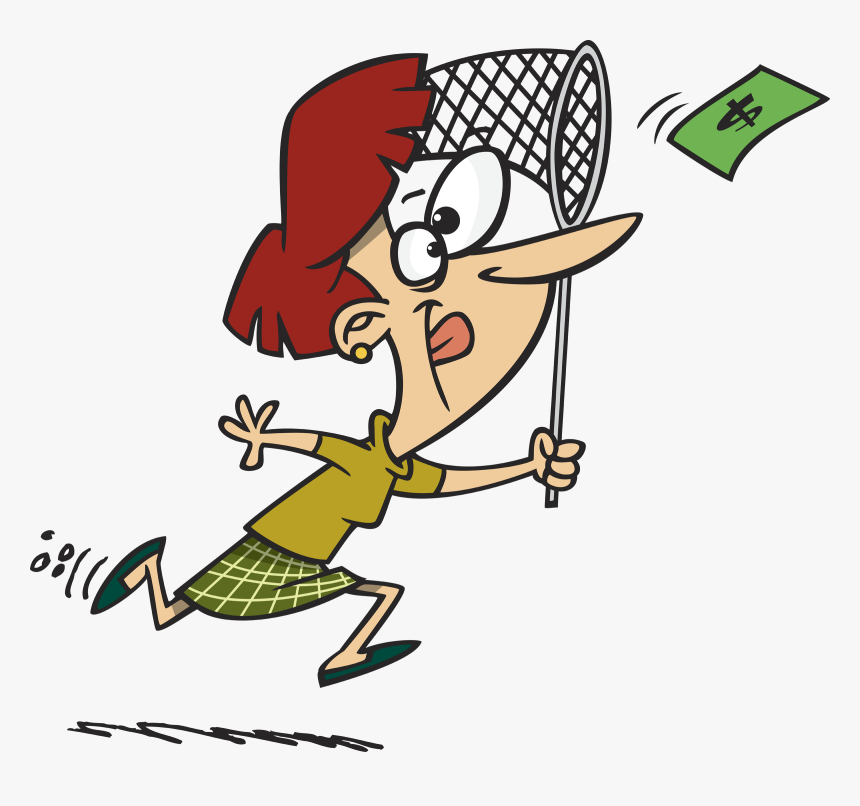 Cartoon Woman Chasing Money With A Butterfly Net Clipart, HD Png ...