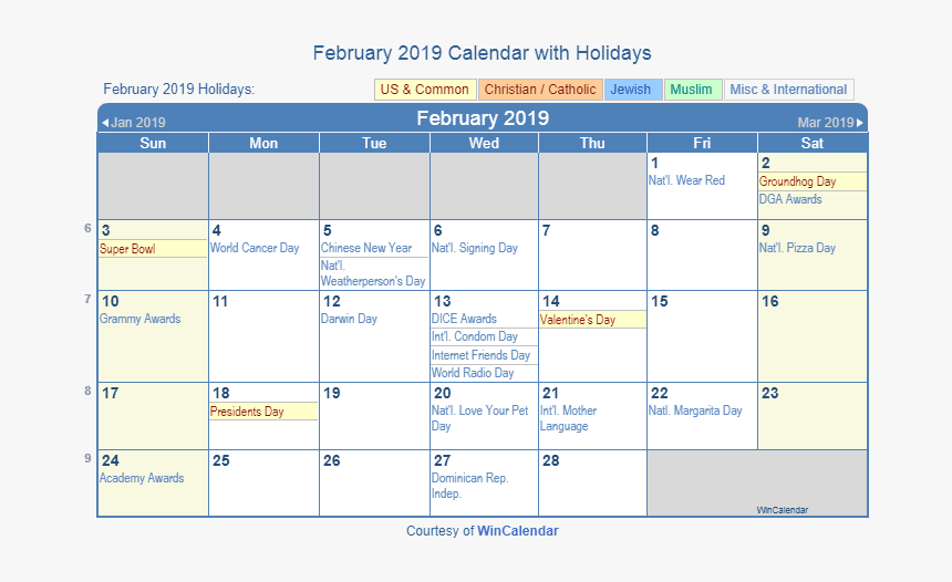 February 2019 Calendar With Holidays Printable - July 2019 Holiday ...
