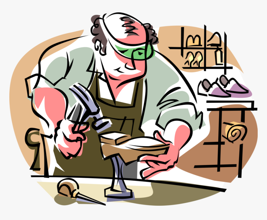 Vector Illustration Of Cobbler Shoemaker Makes Footwear - Shoe Repair ...