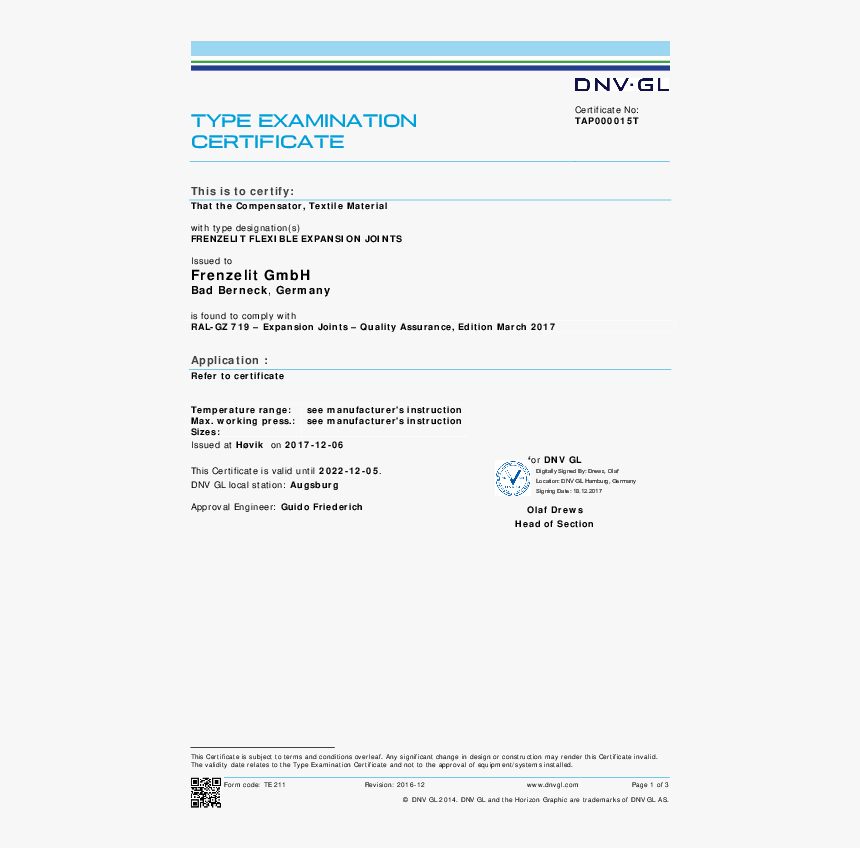 Certificate Dnv Germanischer Lloyd Frenzelit Expansion - Ums ...