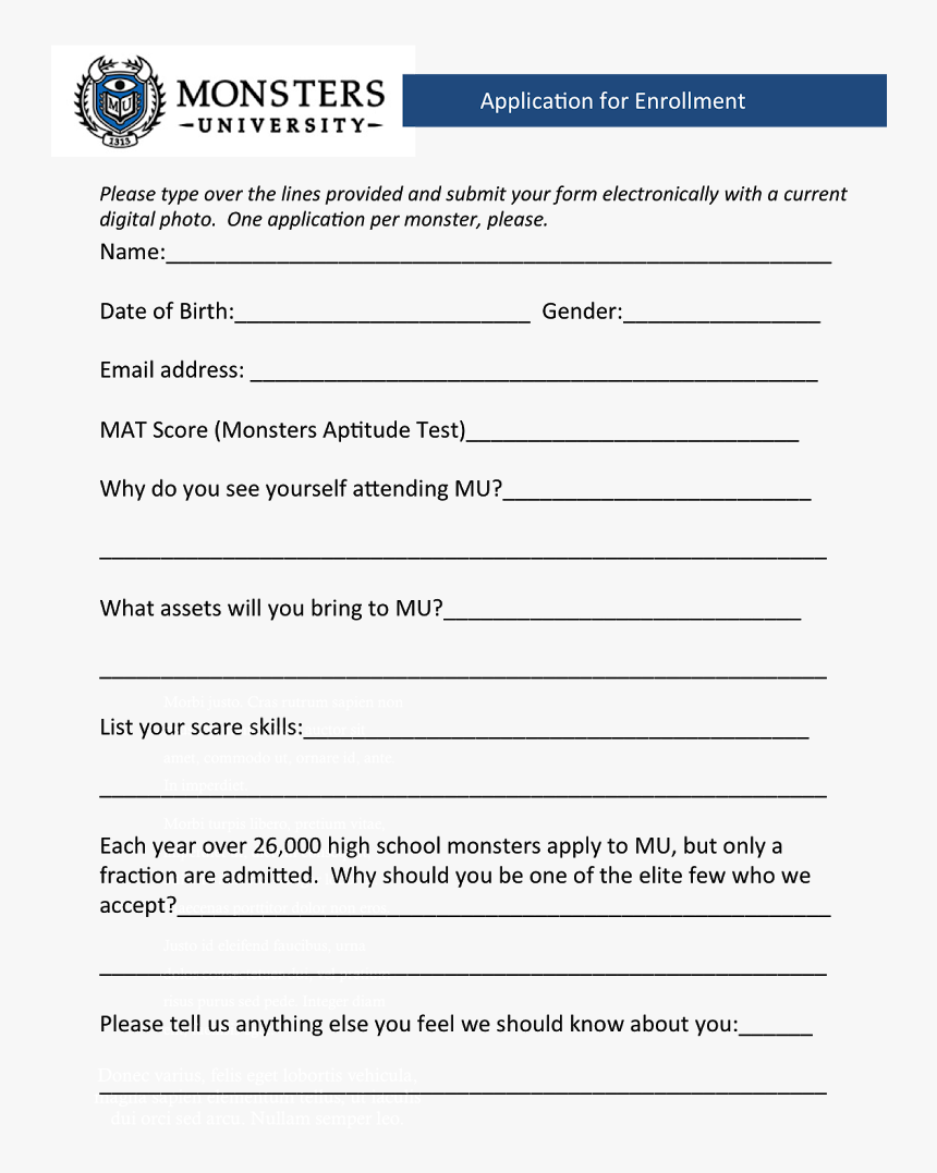 Monsters University Printable Application