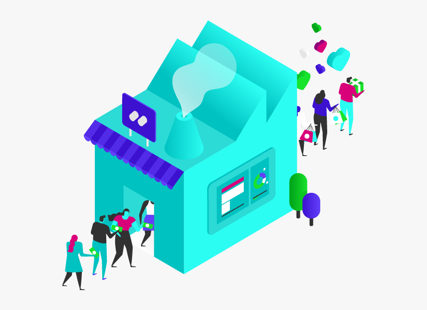 Illustration Of People Walking Into Shop And Leaving - Graphic Design ...