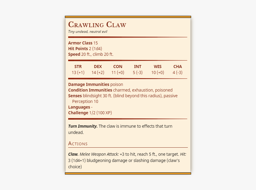 Crawling Claw - Wizard Stat Block 5e, HD Png Download , Transparent Png ...