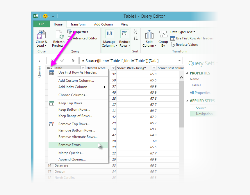 Remove Errors Menu - Append Queries Power Bi, HD Png Download , Transparent Png Image - PNGitem