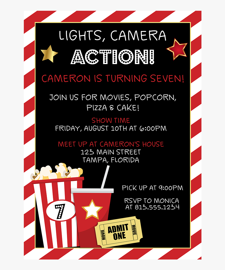 Lights Camera Action Birthday Party Invitation Card - Movie Birthday ...