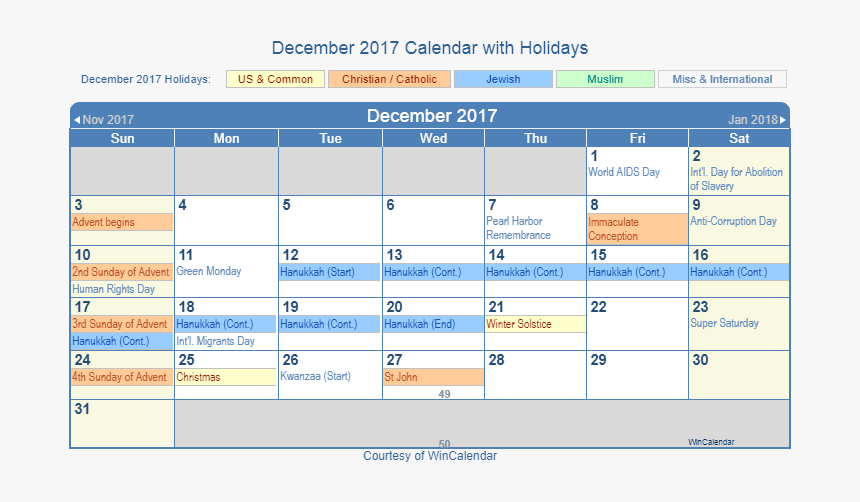 December 2017 Printable Calendar With Us Holidays Including - December ...