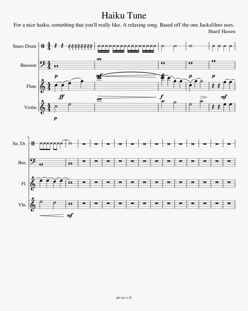 Haiku Tune Sheet Music For Flute, Violin, Percussion,, HD Png Download ...