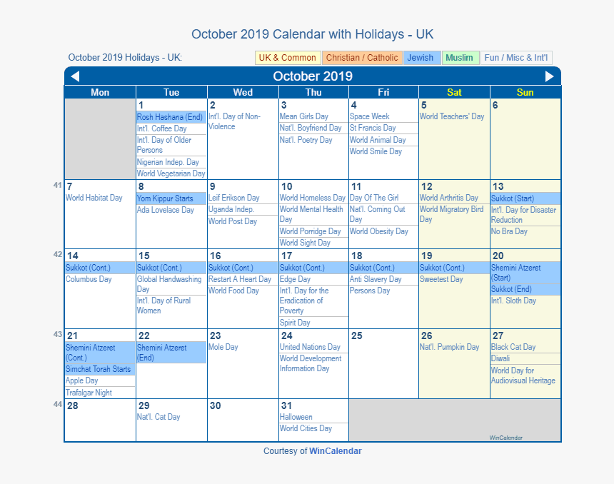 October 2019 Calendar With Uk Holidays To Print - Holiday October 2019 ...